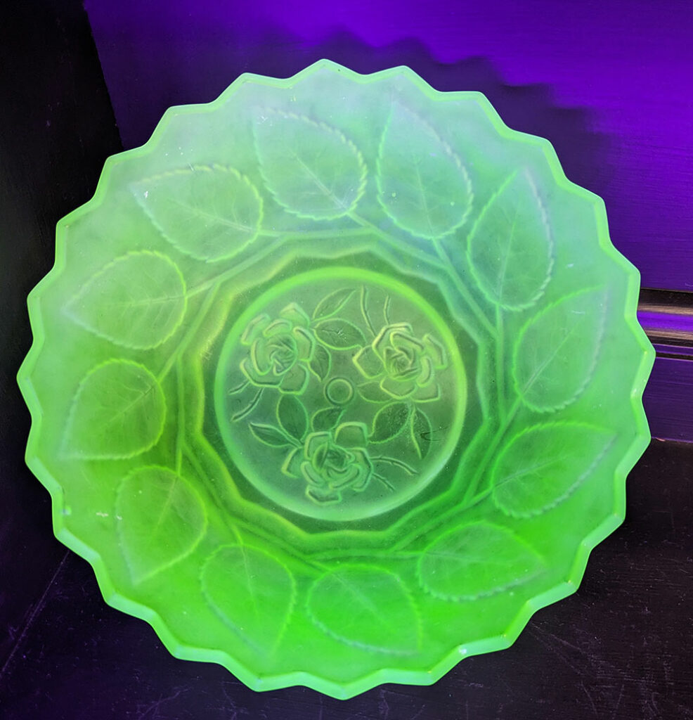 English Bagley Frosted Uranium Rose Pattern Bowl